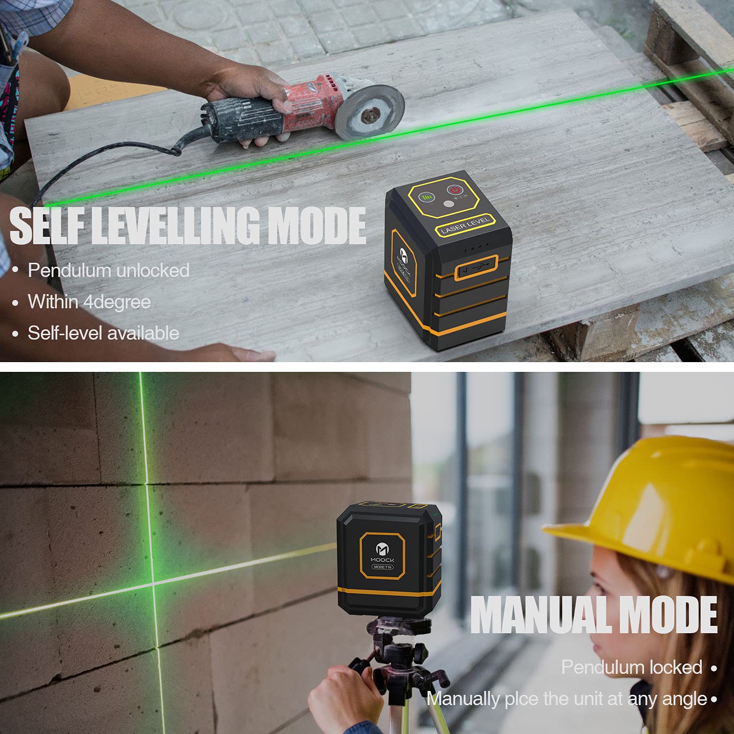 MOOCK Laser Level with Self Leveling & Manual Mode, 100ft High Visibility Green Beam Lazer Leveler Tool Horizontal, Vertical, Cross Line Laser for Picture Hanging, Construction, 360° Magnetic Base