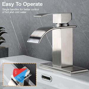 Waterfall Bathroom Faucet - Brushed Nickel Bathroom Sink Faucet, Single Handle Washbasin Faucet, 1 or 3 Hole Deck Mount Mixer Faucet, Stainless Steel Lavatory Tap