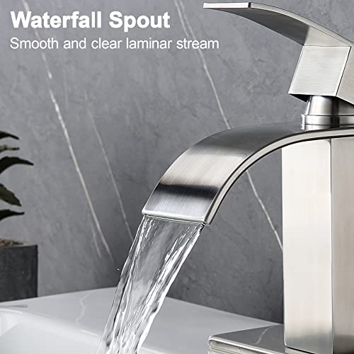 Waterfall Bathroom Faucet - Brushed Nickel Bathroom Sink Faucet, Single Handle Washbasin Faucet, 1 or 3 Hole Deck Mount Mixer Faucet, Stainless Steel Lavatory Tap