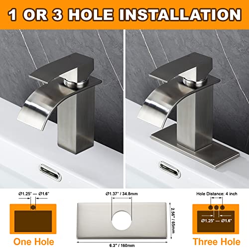 Waterfall Bathroom Faucet - Brushed Nickel Bathroom Sink Faucet, Single Handle Washbasin Faucet, 1 or 3 Hole Deck Mount Mixer Faucet, Stainless Steel Lavatory Tap