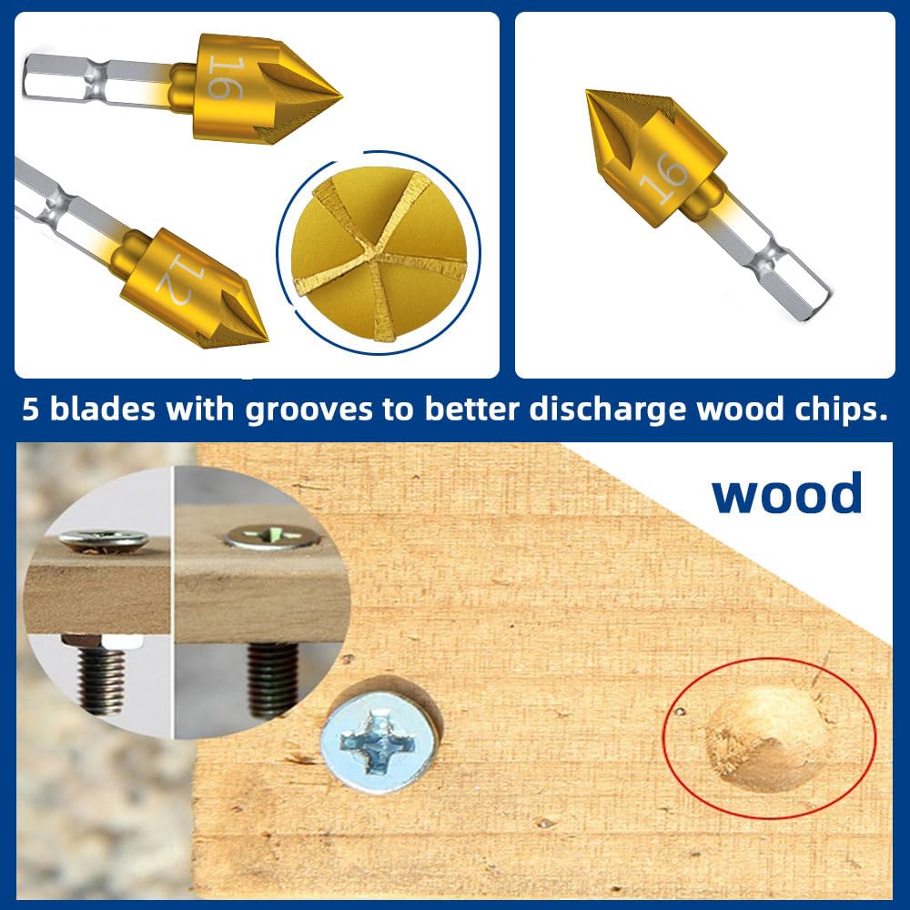 DEVENTORZ Countersink Drill Bit, Countersink Drill Bit Set with 82 Degree Center Countersink Bits for Wood Quick Change Bit 6mm - 19mm 6 Pcs