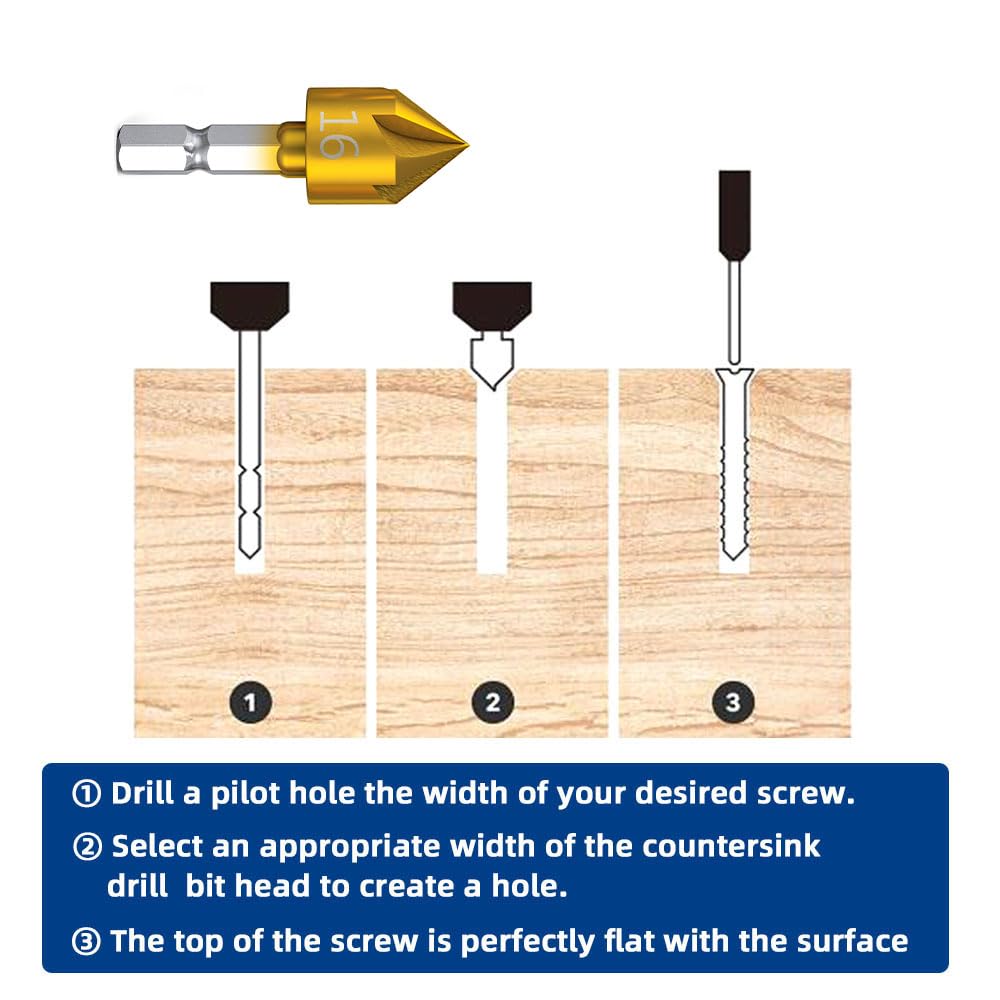 DEVENTORZ Countersink Drill Bit, Countersink Drill Bit Set with 82 Degree Center Countersink Bits for Wood Quick Change Bit 6mm - 19mm 6 Pcs