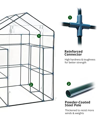 KING BIRD Upgraded Walk-in Greenhouse for Outdoors, Thickened PE Cover & Heavy Duty Powder-Coated Steel, w/ Zippered Mesh Door & Screen Windows, 14 Sturdy Shelves for Garden, 4.7 x 4.7 x 6.4 FT, Clear