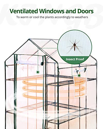 KING BIRD Upgraded Walk-in Greenhouse for Outdoors, Thickened PE Cover & Heavy Duty Powder-Coated Steel, w/ Zippered Mesh Door & Screen Windows, 14 Sturdy Shelves for Garden, 4.7 x 4.7 x 6.4 FT, Clear