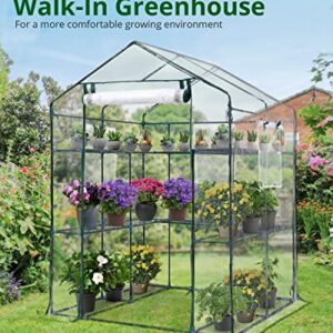 KING BIRD Upgraded Walk-in Greenhouse for Outdoors, Thickened PE Cover & Heavy Duty Powder-Coated Steel, w/ Zippered Mesh Door & Screen Windows, 14 Sturdy Shelves for Garden, 4.7 x 4.7 x 6.4 FT, Clear