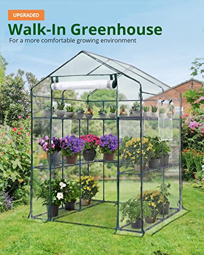 KING BIRD Upgraded Walk-in Greenhouse for Outdoors, Thickened PE Cover & Heavy Duty Powder-Coated Steel, w/ Zippered Mesh Door & Screen Windows, 14 Sturdy Shelves for Garden, 4.7 x 4.7 x 6.4 FT, Clear