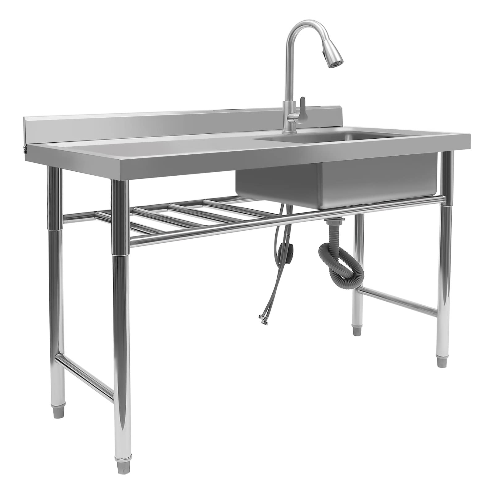 Free Standing Stainless Steel Sink Single Bowl Commercial Restaurant Kitchen Sink Set Prep & Utility Sink w/Faucet & Drainboard, Washing Hand Basin for Indoor Outdoor, 47.2" x 23.6" x 31.5"