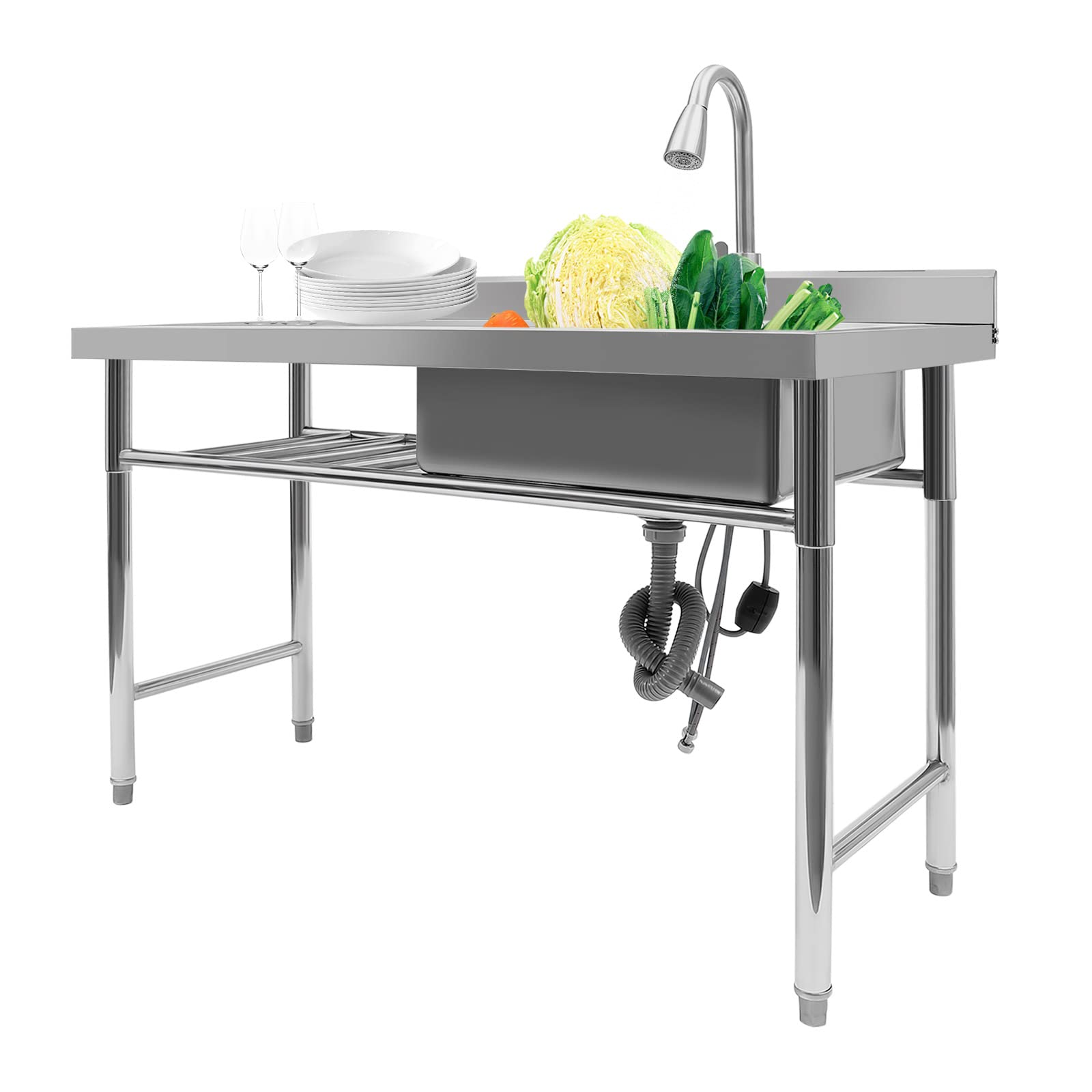 Free Standing Stainless Steel Sink Single Bowl Commercial Restaurant Kitchen Sink Set Prep & Utility Sink w/Faucet & Drainboard, Washing Hand Basin for Indoor Outdoor, 47.2" x 23.6" x 31.5"