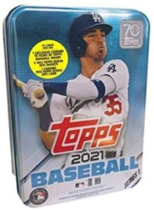 2021 topps series 1 baseball factory sealed cody bellinger tin box 75 cards includes one exclusive 70 years of topps chrome card. 5 1952 redux inserts, one 1952 chrome redux card, chase rookie cards of an amazing rookie class such as joe adell, alex bohm,