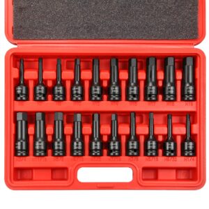 c&t 20 piece 1/2" drive master impact hex driver set, sae metric hex head impact driver bit set 1/4" - 3/4", 6mm - 19mm, cr-mo steel drive allen bit socket set with dual size markings and storage case