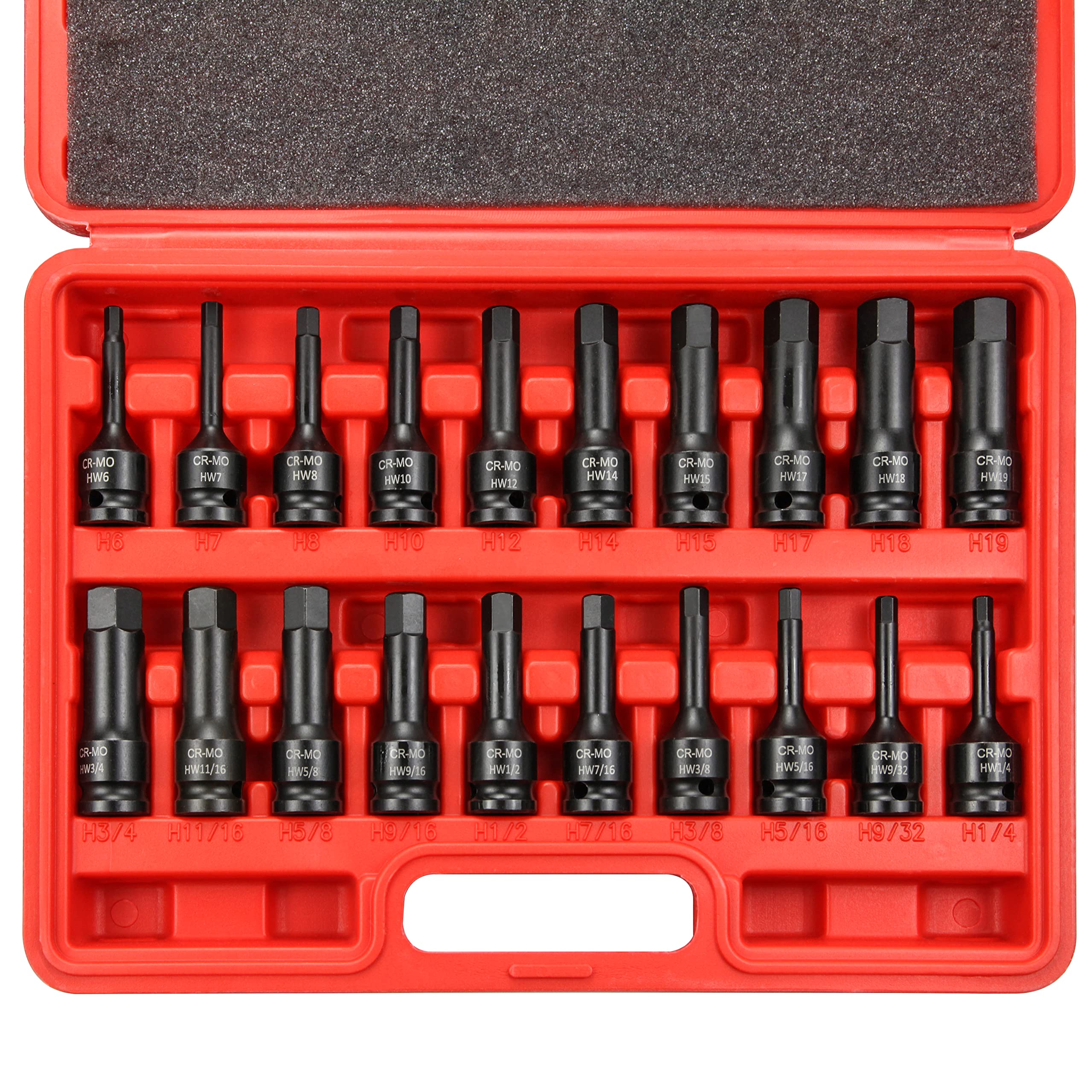 C&T 20 Piece 1/2" Drive Master Impact Hex Driver Set, SAE Metric Hex Head Impact Driver Bit Set 1/4" - 3/4", 6mm - 19mm, Cr-Mo Steel Drive Allen Bit Socket Set with Dual Size Markings and Storage Case