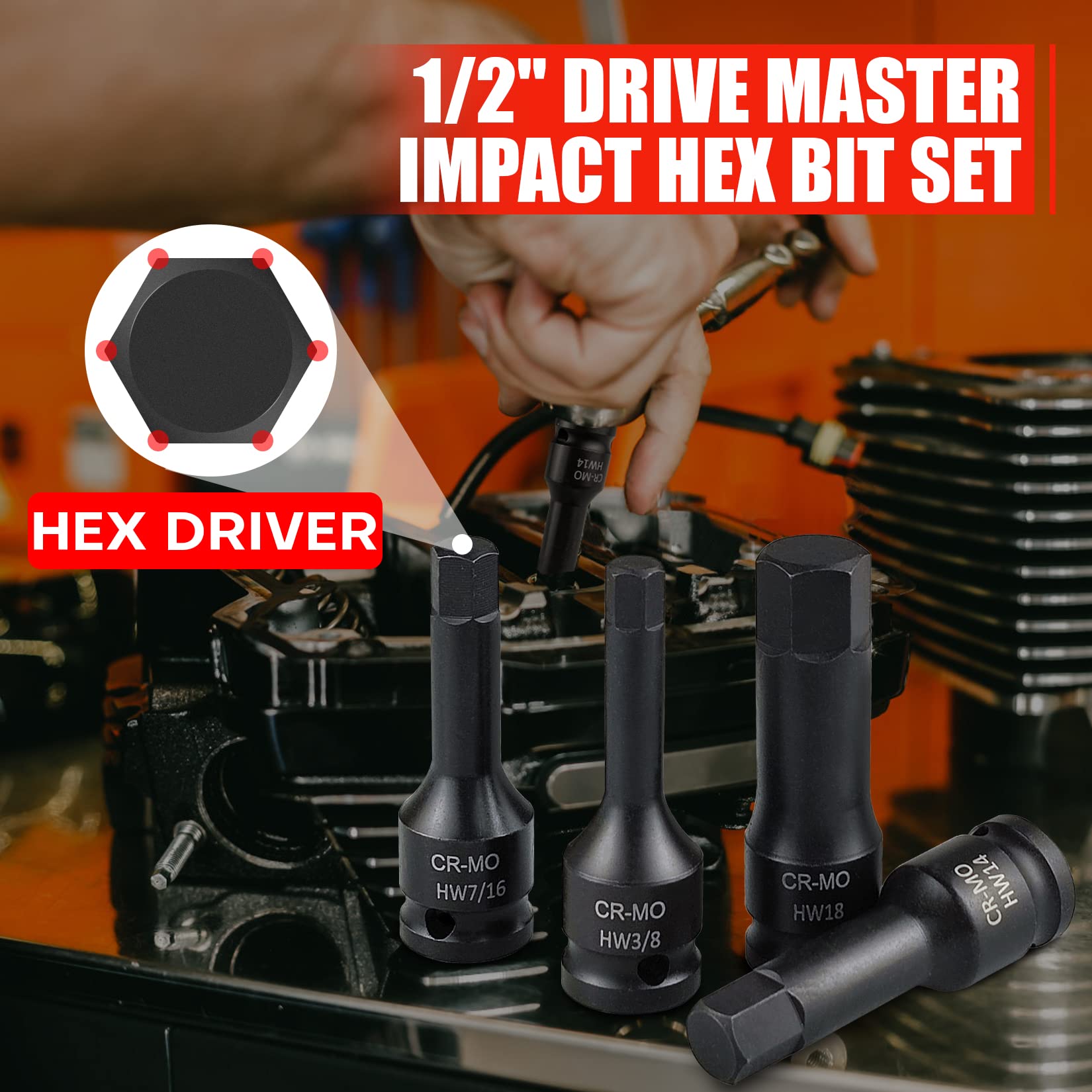 C&T 20 Piece 1/2" Drive Master Impact Hex Driver Set, SAE Metric Hex Head Impact Driver Bit Set 1/4" - 3/4", 6mm - 19mm, Cr-Mo Steel Drive Allen Bit Socket Set with Dual Size Markings and Storage Case