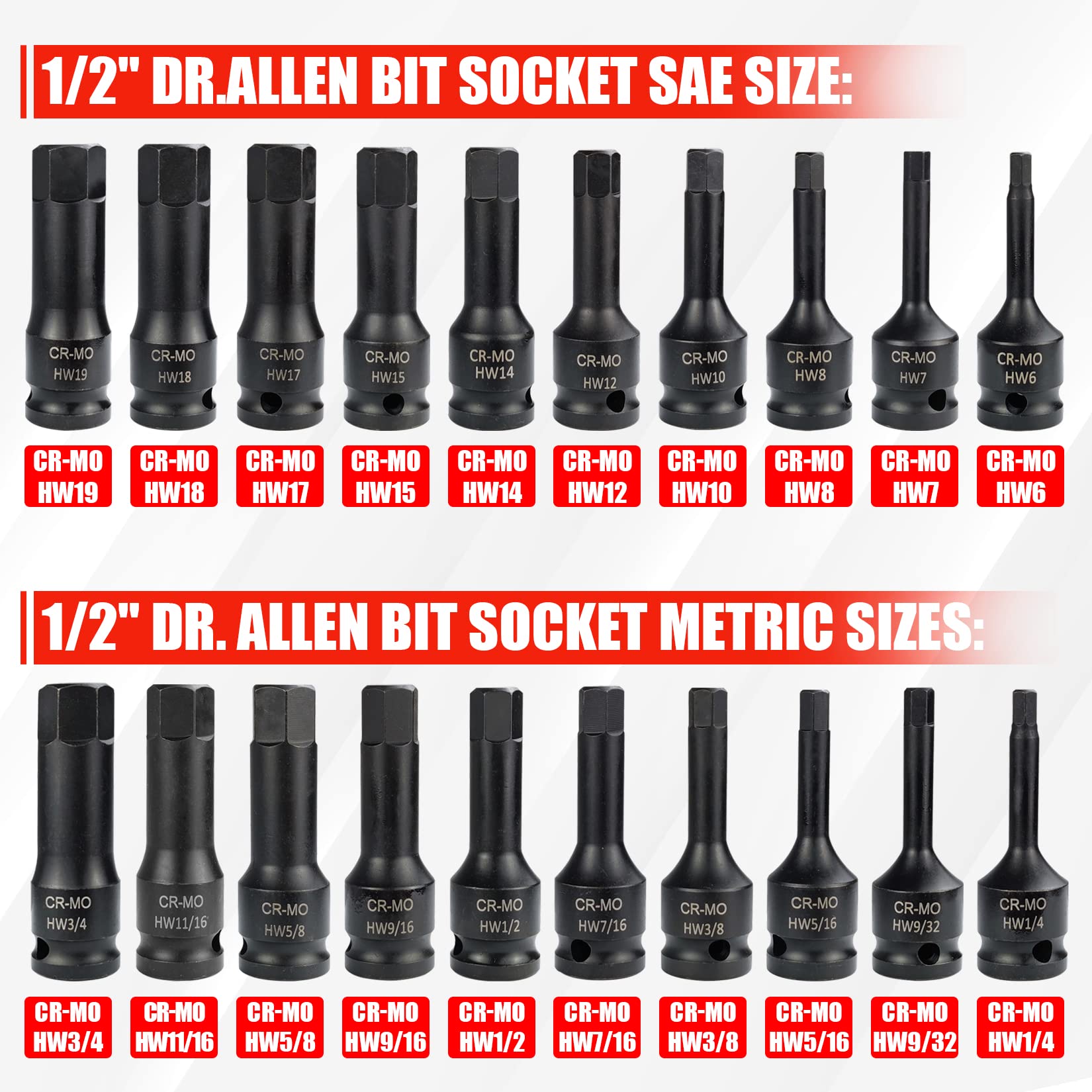 C&T 20 Piece 1/2" Drive Master Impact Hex Driver Set, SAE Metric Hex Head Impact Driver Bit Set 1/4" - 3/4", 6mm - 19mm, Cr-Mo Steel Drive Allen Bit Socket Set with Dual Size Markings and Storage Case