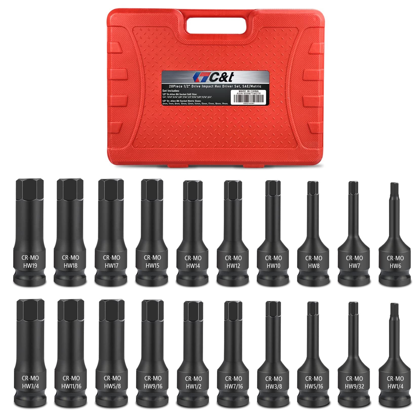 C&T 20 Piece 1/2" Drive Master Impact Hex Driver Set, SAE Metric Hex Head Impact Driver Bit Set 1/4" - 3/4", 6mm - 19mm, Cr-Mo Steel Drive Allen Bit Socket Set with Dual Size Markings and Storage Case