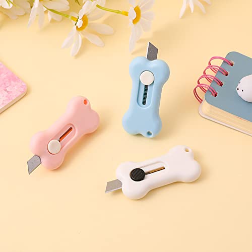 6Pcs Retractable Mini Utility Knife Bones Shaped Box Cutter Cute Letter Opener Paper Envelope Cutter with Keychain Hole