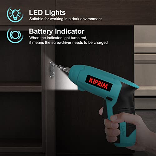 Small 4V Electric Screwdriver,Kiprim ES3 Cordless Screwdriver Tool with Rechargeable Battery,LED Front Light & Power Display Light for Home DIY Blue