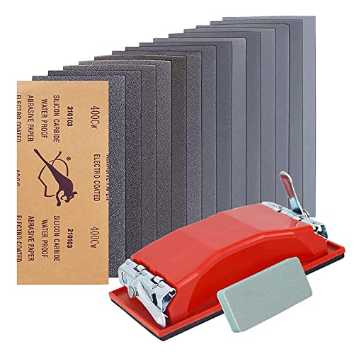 VRKET Wet & Dry Sandpaper Set, 42 Sheets of 120 to 3000 grit Sandpaper with Sanding Block Sander,for Wood Furniture Finishing Metal Automotive Sanding Polish