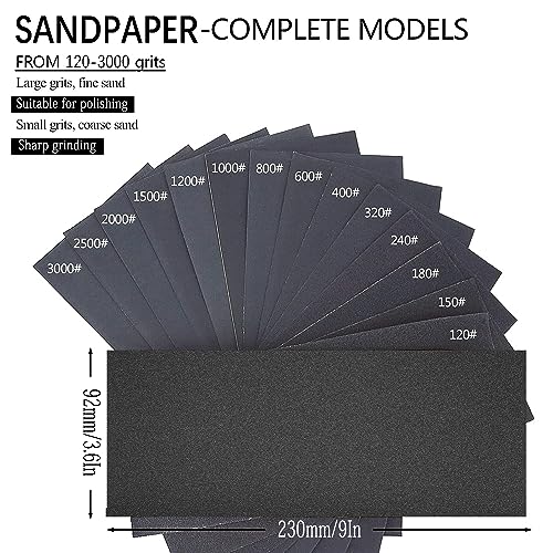 VRKET Wet & Dry Sandpaper Set, 42 Sheets of 120 to 3000 grit Sandpaper with Sanding Block Sander,for Wood Furniture Finishing Metal Automotive Sanding Polish