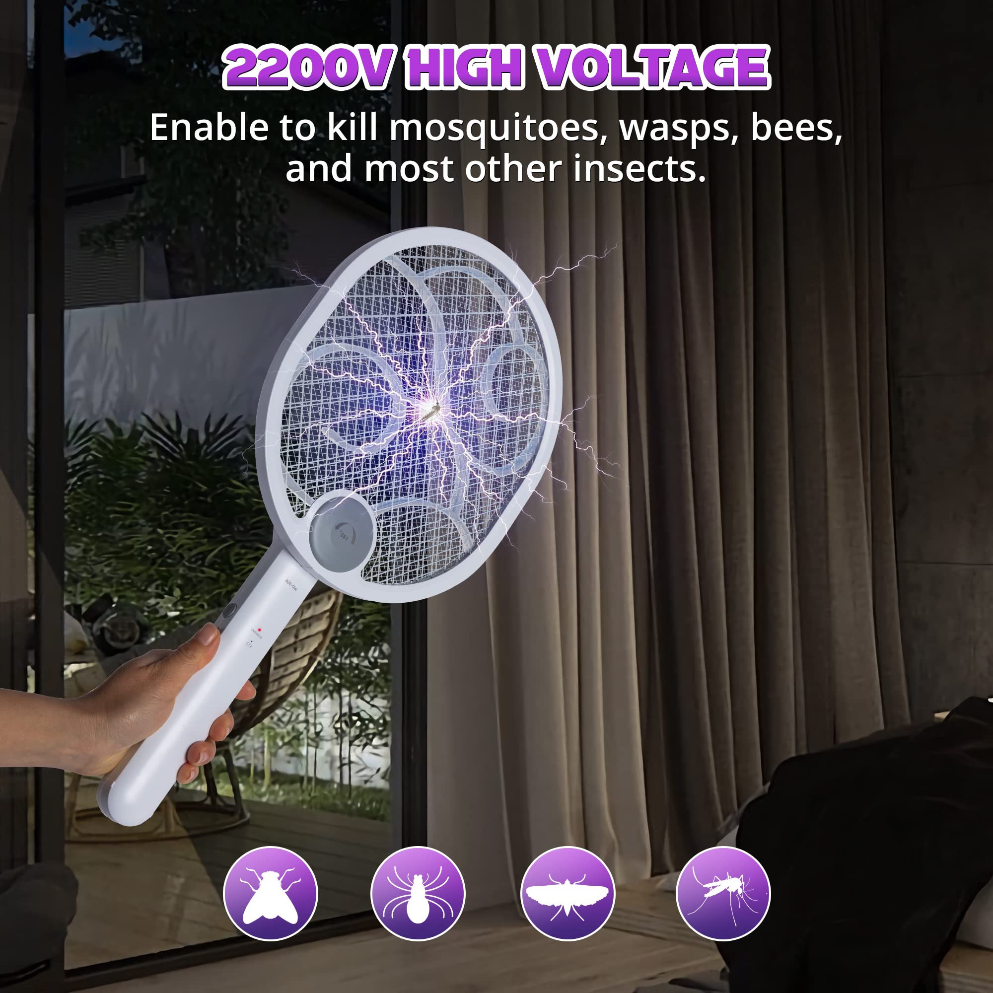 POWIFY 2 in 1 Foldable Electric Fly Swatter, USB Rechargeable Bug Zapper Racket with UV Light, 3 Layers Mesh Mosquito Swatter for Mosquito Fly Gnat Wasp (1 Pack)