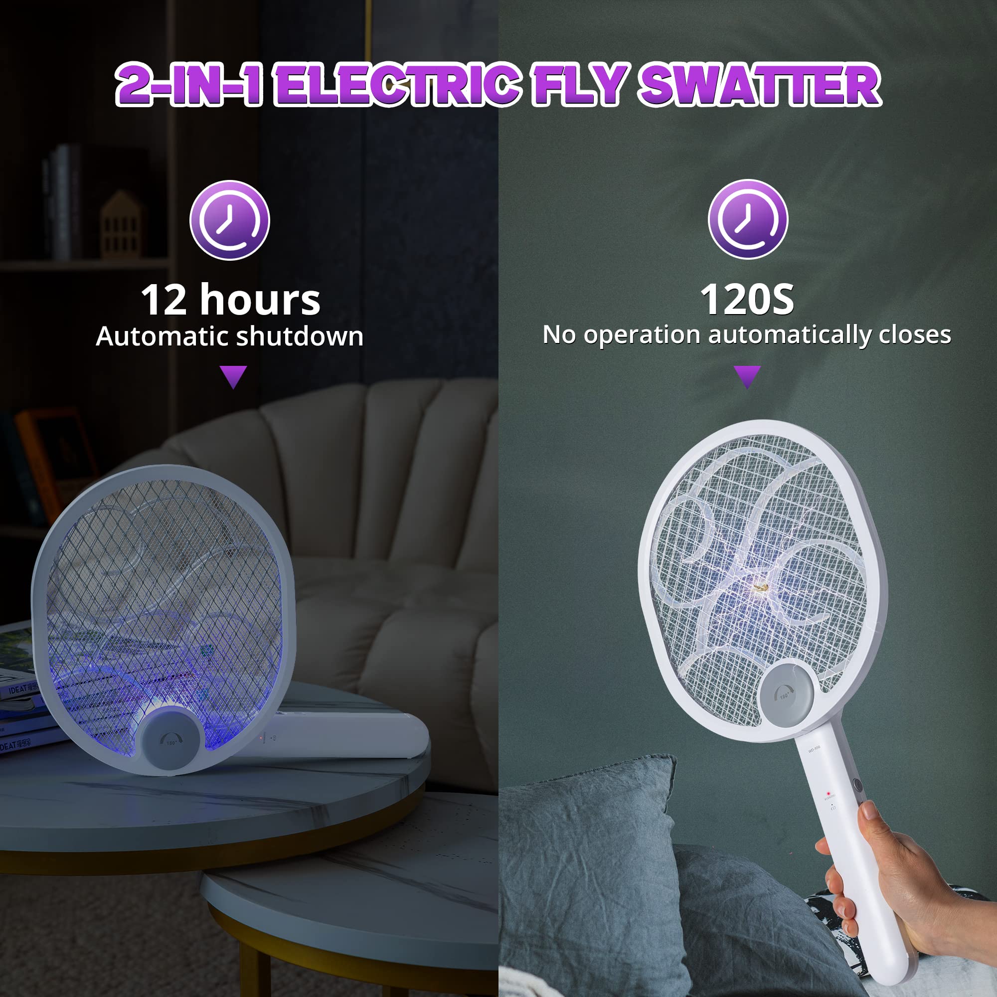 POWIFY 2 in 1 Foldable Electric Fly Swatter, USB Rechargeable Bug Zapper Racket with UV Light, 3 Layers Mesh Mosquito Swatter for Mosquito Fly Gnat Wasp (1 Pack)