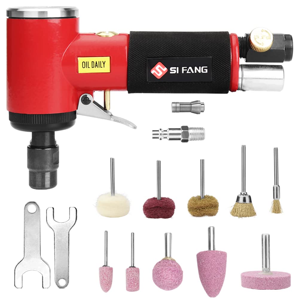 BaiNuo Pneumatic Angle Die Grinder - Right Angle Grinder Machine | ¼” Air Inlet Variable Speed Pneumatic Grinding Machine with 1/4" And 1/8" Collet, New Version Air Tool Set (Red)