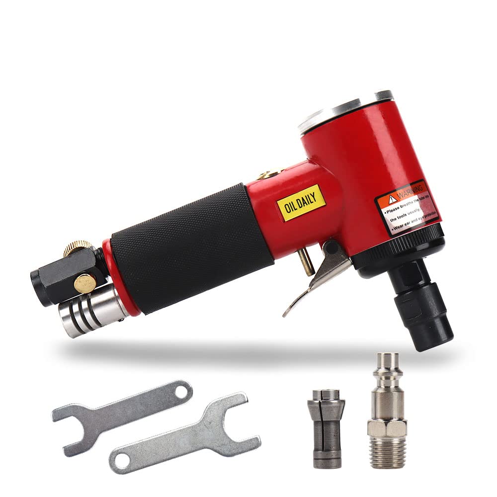 BaiNuo Pneumatic Angle Die Grinder - Right Angle Grinder Machine | ¼” Air Inlet Variable Speed Pneumatic Grinding Machine with 1/4" And 1/8" Collet, New Version Air Tool Set (Red)