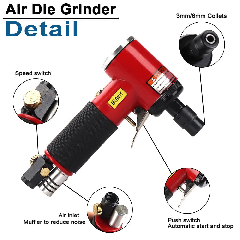 BaiNuo Pneumatic Angle Die Grinder - Right Angle Grinder Machine | ¼” Air Inlet Variable Speed Pneumatic Grinding Machine with 1/4" And 1/8" Collet, New Version Air Tool Set (Red)