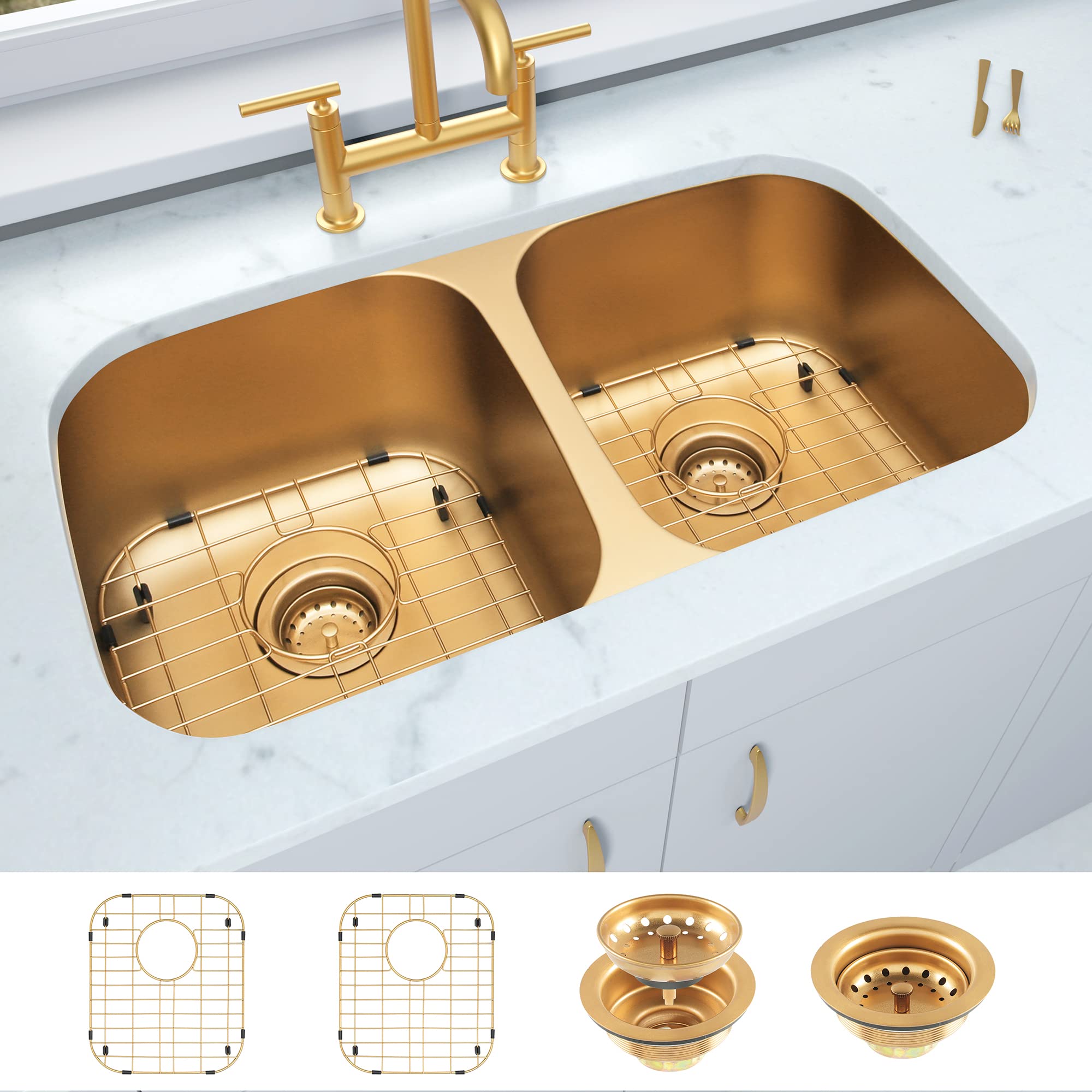 LQS Undermount Kitchen Sink 32” x 18”, Stainless Steel Kitchen Sink, Deep Kitchen Sink, 50/50 Double Bowl Stainless Steel Kitchen Sink with Accessories, Gold Kitchen Sink