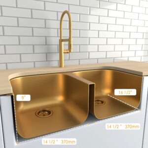 LQS Undermount Kitchen Sink 32” x 18”, Stainless Steel Kitchen Sink, Deep Kitchen Sink, 50/50 Double Bowl Stainless Steel Kitchen Sink with Accessories, Gold Kitchen Sink