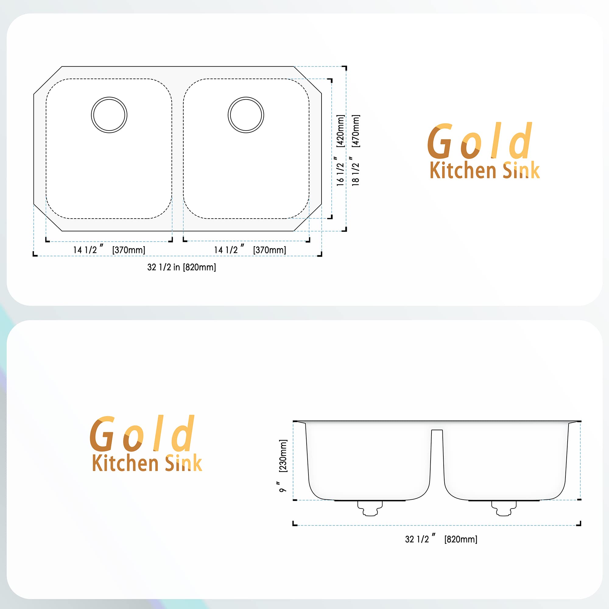 LQS Undermount Kitchen Sink 32” x 18”, Stainless Steel Kitchen Sink, Deep Kitchen Sink, 50/50 Double Bowl Stainless Steel Kitchen Sink with Accessories, Gold Kitchen Sink