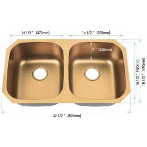 LQS Undermount Kitchen Sink 32” x 18”, Stainless Steel Kitchen Sink, Deep Kitchen Sink, 50/50 Double Bowl Stainless Steel Kitchen Sink with Accessories, Gold Kitchen Sink