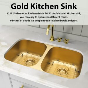 LQS Undermount Kitchen Sink 32” x 18”, Stainless Steel Kitchen Sink, Deep Kitchen Sink, 50/50 Double Bowl Stainless Steel Kitchen Sink with Accessories, Gold Kitchen Sink