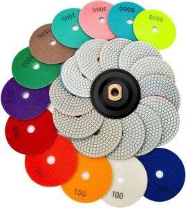 13 packs 4 inch diamond polishing pads with 5/8’’-11 backer pad 12pcs wet/dry polish pad kit for drill grinder polisher 50-8000 grit pads for granite marble concrete stone countertop quartz polishing