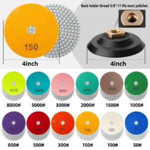 13 Packs 4 Inch Diamond Polishing Pads with 5/8’’-11 Backer Pad 12PCS Wet/Dry Polish Pad Kit for Drill Grinder Polisher 50-8000 Grit Pads for Granite Marble Concrete Stone Countertop Quartz Polishing