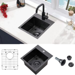 vccucine black bar sink drop in, 13 x 15 inch topmount rv small kitchen sink, handmade stainless steel wet bar sink, outdoor single bowl prep sink with dish grid & drain