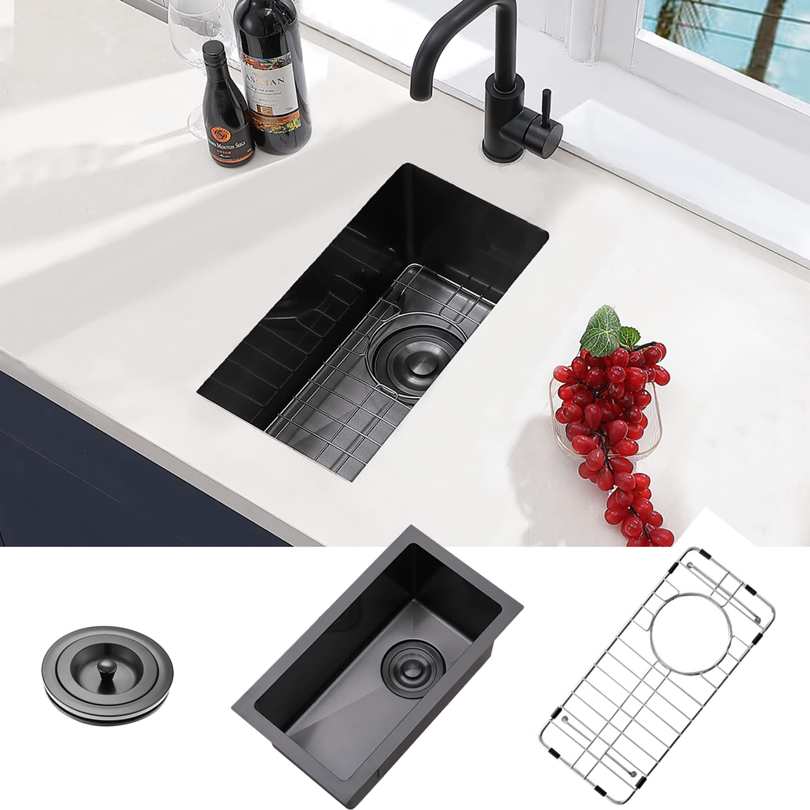 VCCUCINE Black Undermount Bar Sink, 10 x 18 Inch RV Small Kitchen Sink, Handmade Stainless Steel Wet Bar Sink, Outdoor Single Bowl Prep Sink with Dish Grid & Drain