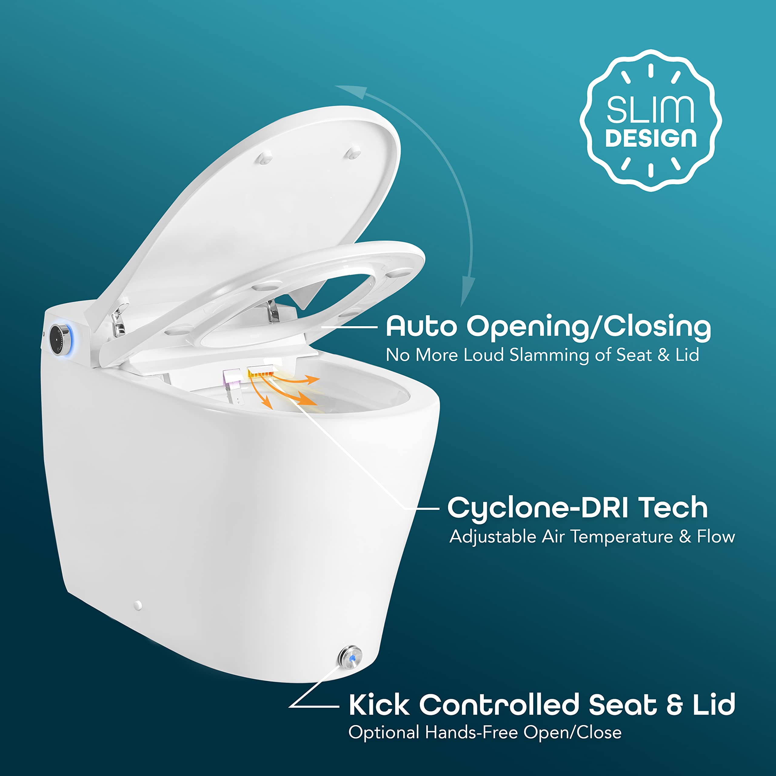 BidetMate 6000 Intelligent Elongated Bidet Toilet – Hands-Free Open/Close – Instant Heated Water, Dryer, & Seat – Quick Drying Cyclone-Dri Tech, Walk Away Auto Power-Flush, Auto Night Light - w/Remote