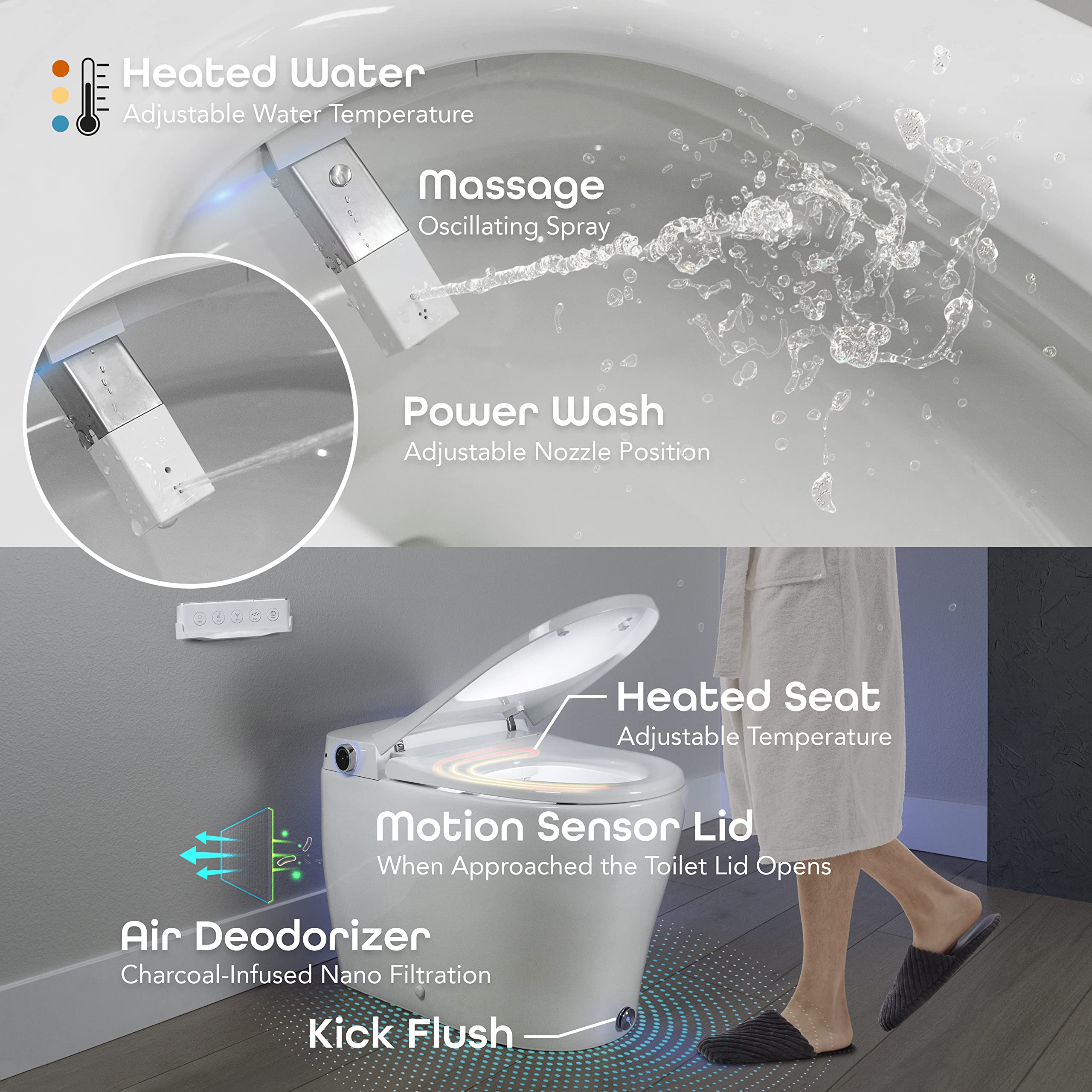 BidetMate 6000 Intelligent Elongated Bidet Toilet – Hands-Free Open/Close – Instant Heated Water, Dryer, & Seat – Quick Drying Cyclone-Dri Tech, Walk Away Auto Power-Flush, Auto Night Light - w/Remote