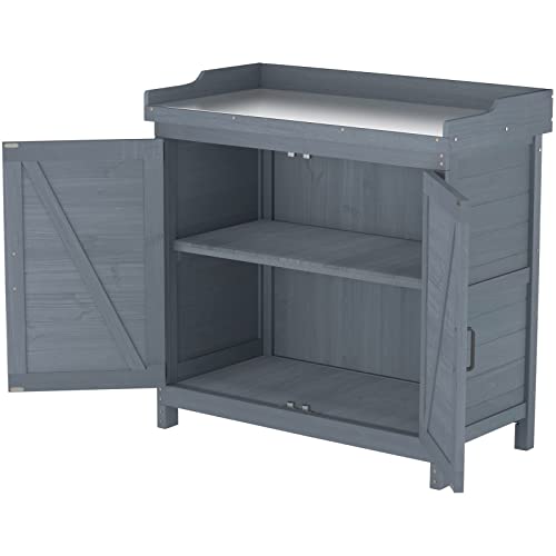 GOOD LIFE USA Outdoor Garden Patio Wooden Storage Cabinet Furniture Waterproof Tool Shed with Potting Benches Outdoor Work Station Table (Gray)