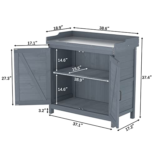 GOOD LIFE USA Outdoor Garden Patio Wooden Storage Cabinet Furniture Waterproof Tool Shed with Potting Benches Outdoor Work Station Table (Gray)