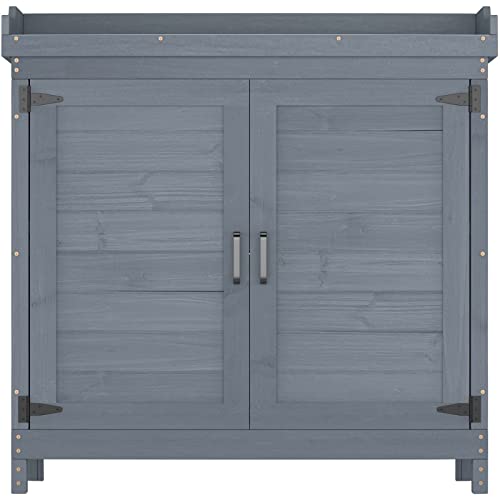 GOOD LIFE USA Outdoor Garden Patio Wooden Storage Cabinet Furniture Waterproof Tool Shed with Potting Benches Outdoor Work Station Table (Gray)