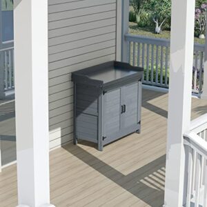 GOOD LIFE USA Outdoor Garden Patio Wooden Storage Cabinet Furniture Waterproof Tool Shed with Potting Benches Outdoor Work Station Table (Gray)