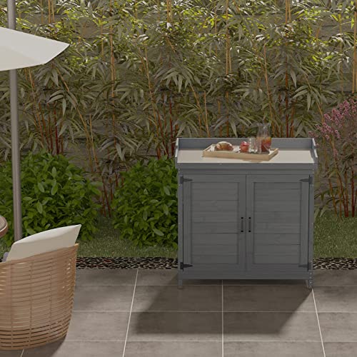 GOOD LIFE USA Outdoor Garden Patio Wooden Storage Cabinet Furniture Waterproof Tool Shed with Potting Benches Outdoor Work Station Table (Gray)