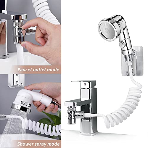 Sink Faucet Sprayer Attachment, 3 Modes Sink Sprayer Attachment for Faucet for Washing Hair, Kitchen Cleaning, Pets Bathing, Faucet Extender Set with Water Diversion Valve, Hole-Free Bracket, Silver