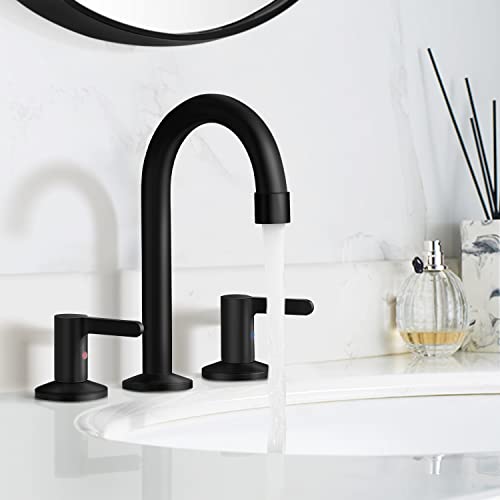 Black Bathroom Faucet 3 Hole KPAIDA 8 Inch Bathroom Faucet Matte Black Widespread Faucet for Bathroom Sink with Drain, 2 Handle Vanity Faucet, BF012-1-BK