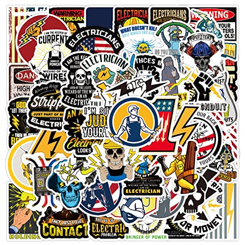 50pcs Electrician Stickers for Hard Hats, Funny Cool Waterproof Vinyl Decals for Helmet Tool Box Truck Vehicles Laptop Notebook Skateboard Motorcycle Bike Water Bottles