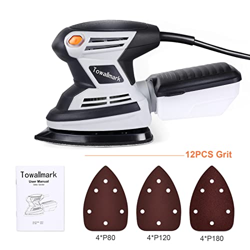 Towallmark Detail Sander 15,000 OPM Compact Electric Sander with 12 Pcs Sandpapers, Efficient Dust Collection System, Multi-Function Hand Sander for Woodworking