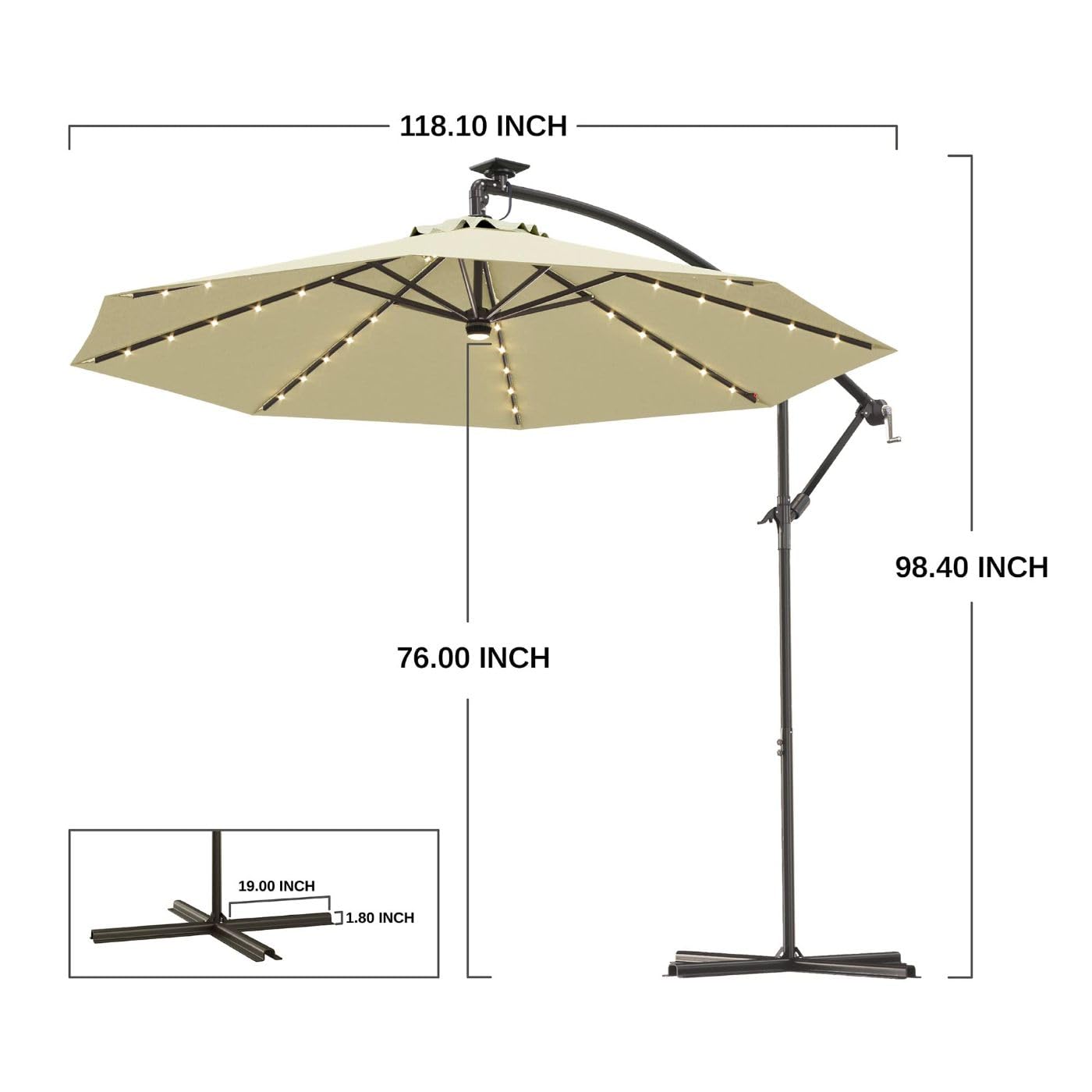 East Oak Offset Patio Umbrella, 10ft Hanging Cantilever Outdoor Umbrellas with 40 Solar Lights,8 Ribs,Waterproof UV 30+ Protection and Fade Resistant Outdoor Umbrella, Beige