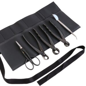 wazakura made in japan 5pcs bonsai tool kit with roll bag: yasugi steel satsuki bonsai scissors, concave branch cutter, knob cutter, wire cutter, tweezers - 5 tools satsuki set with case