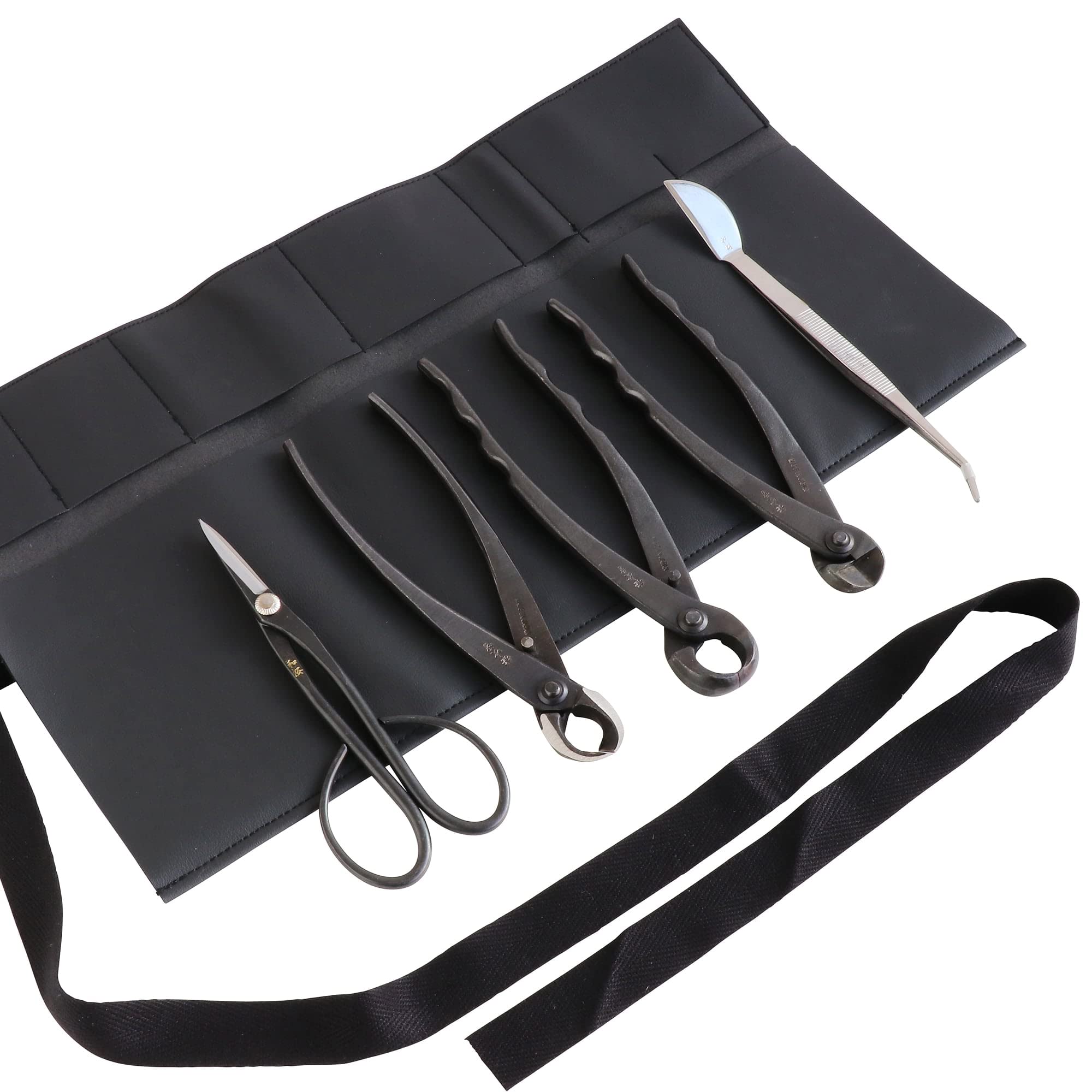 Wazakura Made in Japan 5PCS Bonsai Tool Kit with Roll Bag: Yasugi Steel Satsuki Bonsai Scissors, Concave Branch Cutter, Knob Cutter, Wire Cutter, Tweezers - 5 Tools Satsuki Set with Case